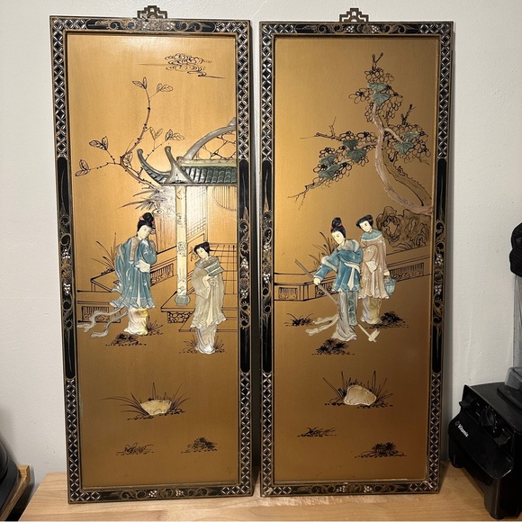 Wall Decor | Vintage Asian Lacquer Panel Pair Gold Geisha Art George ...